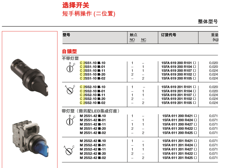 ABB ABB 紧凑型选择开关(短手柄二位置) 自锁型60度塑料前圈 黑 2NO『固安捷』